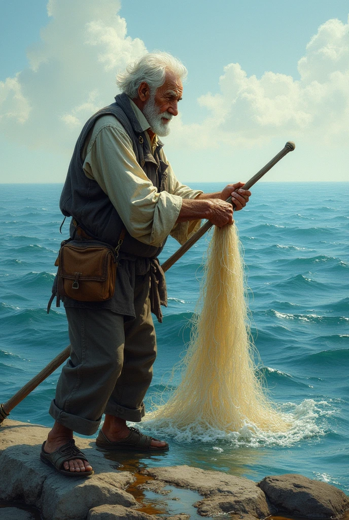 The Tale of the Fisherman and the Fish. An old man is fishing at sea ...