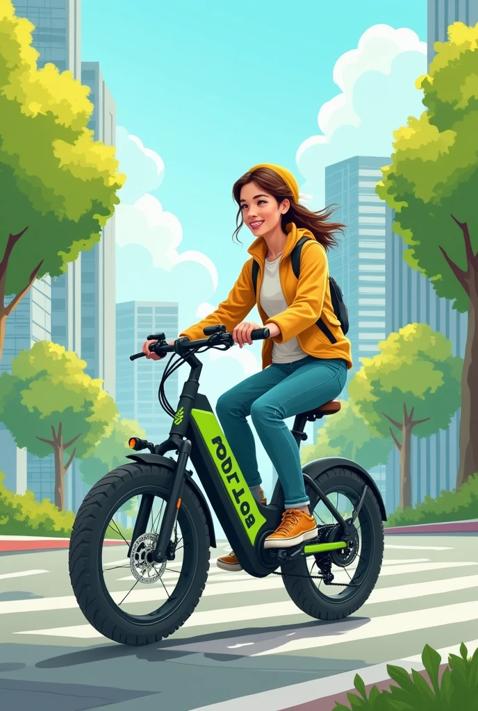 Rider with an eco-friendly electric bicycle, slightly cartoonized ...