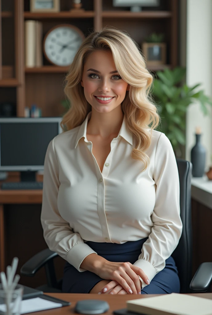 Fat blonde secretary woman; photorealistic - SeaArt AI