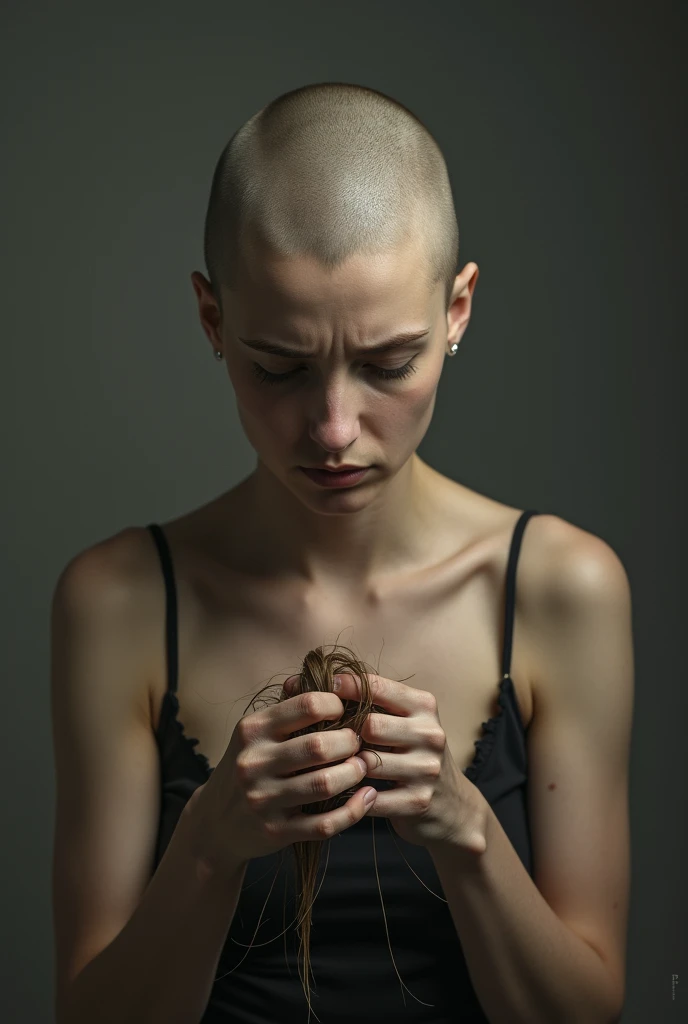 Hot girl shaved head haircut sad and holding her hair in her hands ...