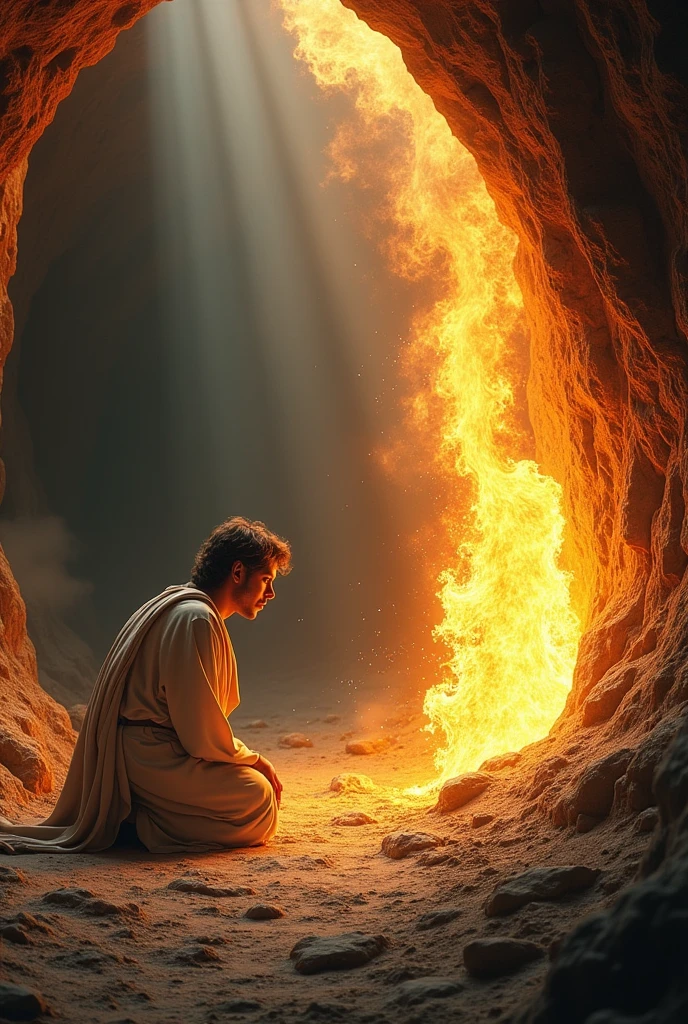 Young Moses inside a cave , kneeling with his face to the ground ...