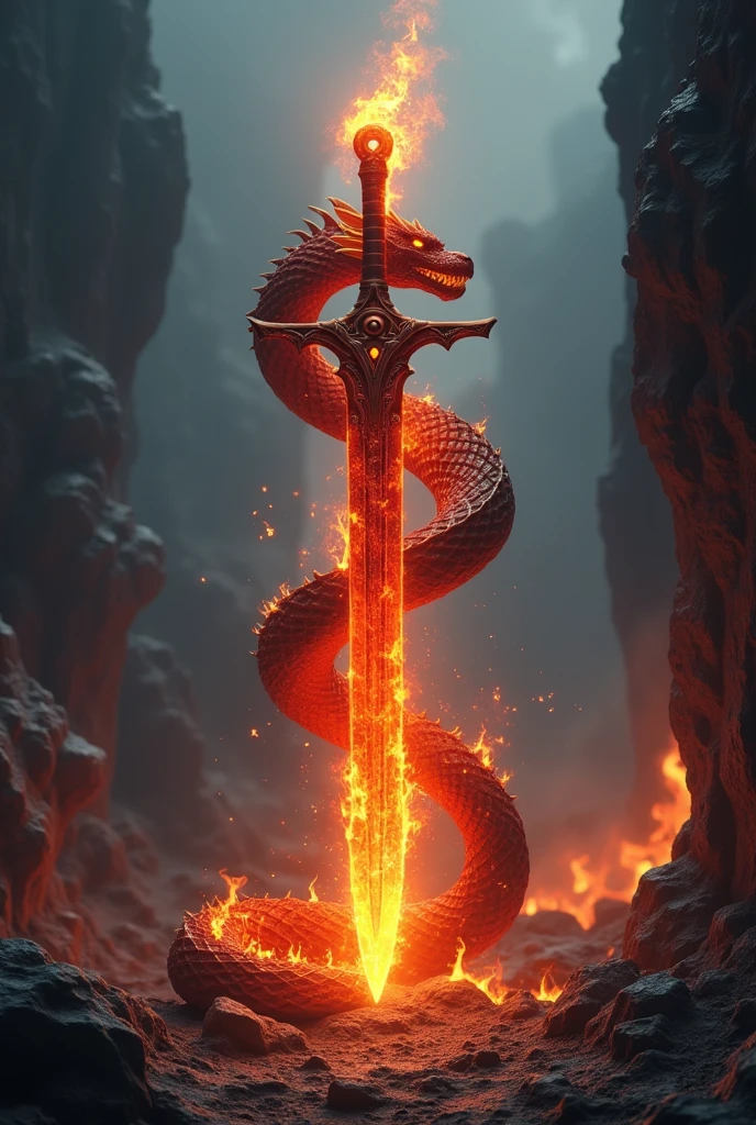 Fire Sword Guarded by a Fire Dragon dark fantasy - SeaArt AI
