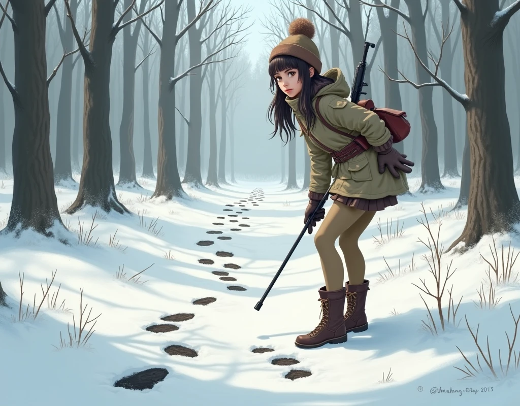 footprints of a pair of small beasts on fresh snow leading deep into ...