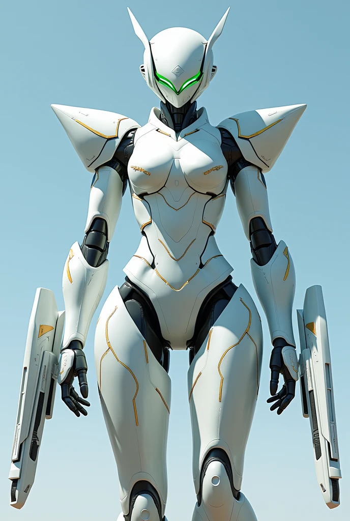 Depict a futuristic and sleek giant humanoid robot with a feminine ...