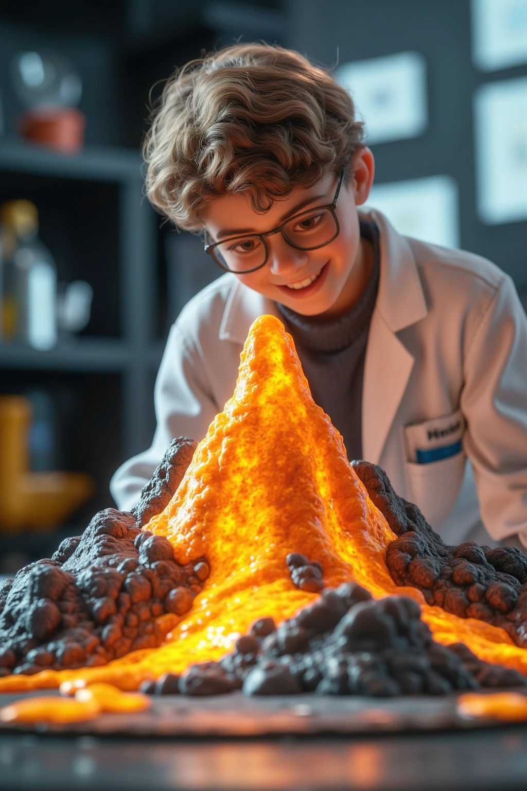 A grade student in lab coat is observing his volcano model experiment ...