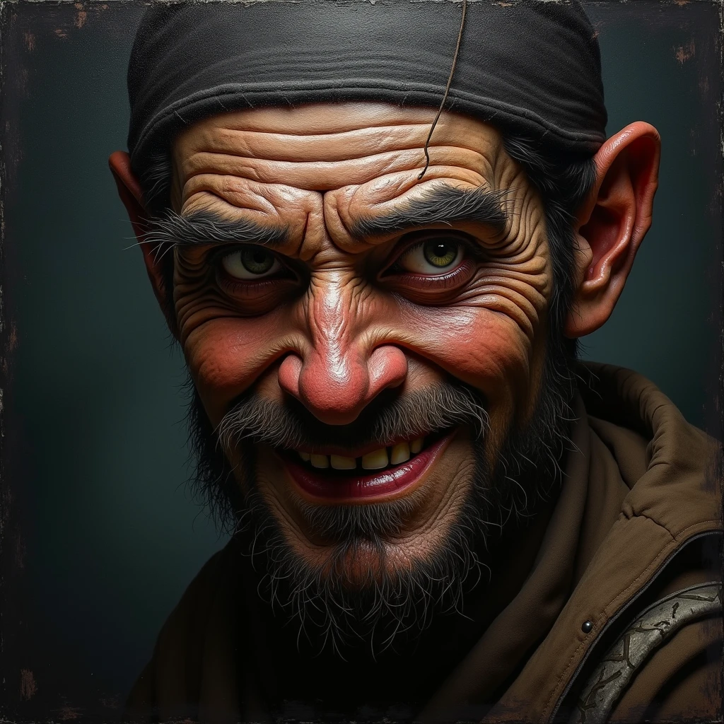 Portrait of a one-eyed, toothless bandit with a crooked nose - SeaArt AI