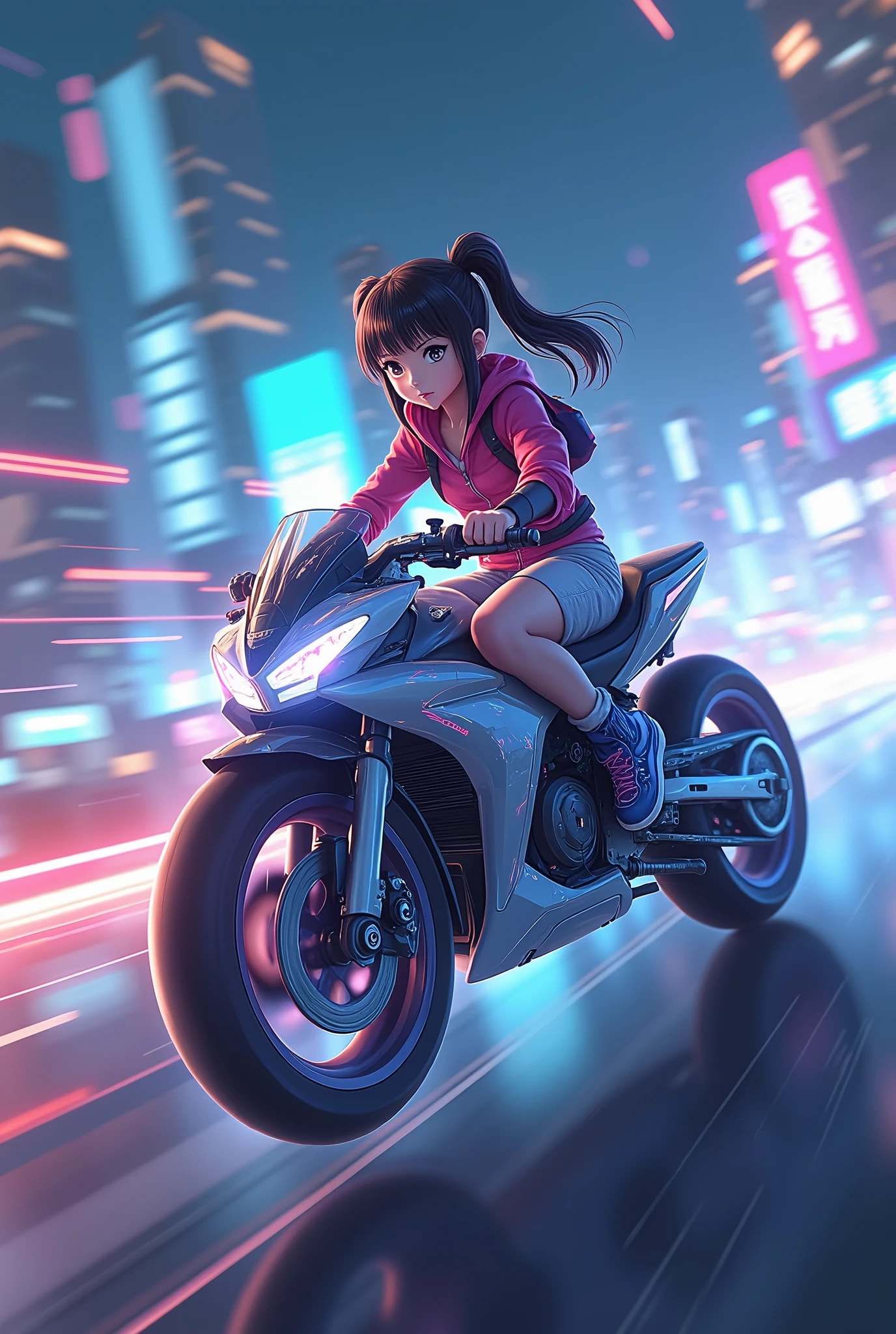 Anime girl riding a motorcycle in the city at night - SeaArt AI
