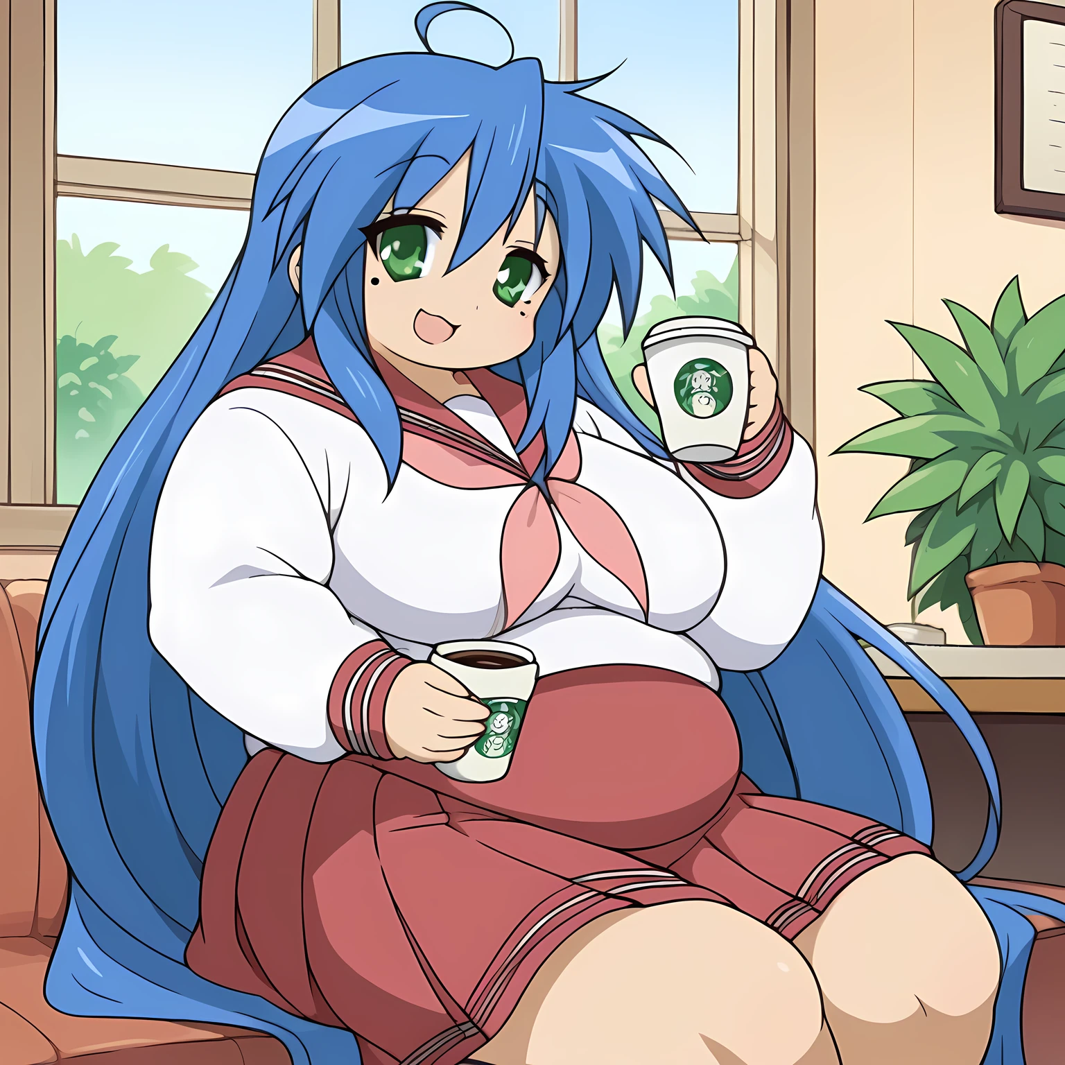 Anime girl with blue hair sitting on a couch holding a cup of coffee ...