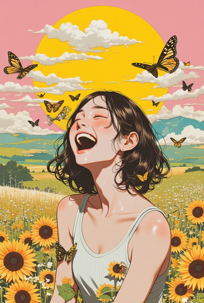 crazy woman laughing,Pink,yellow,Yellow green, orange ,White - SeaArt AI