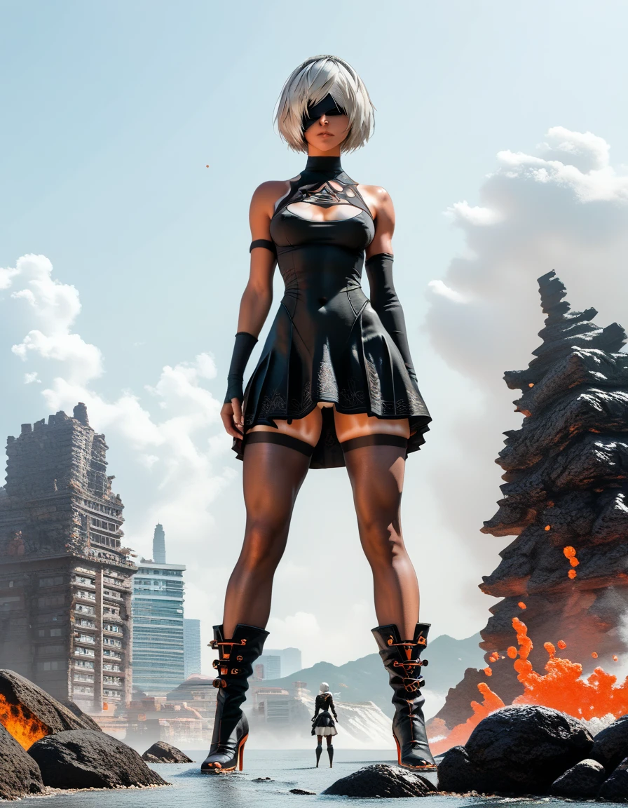 1woman, ((2B)),(Nier Automata 2B), white hair, blindfold over eyes ...