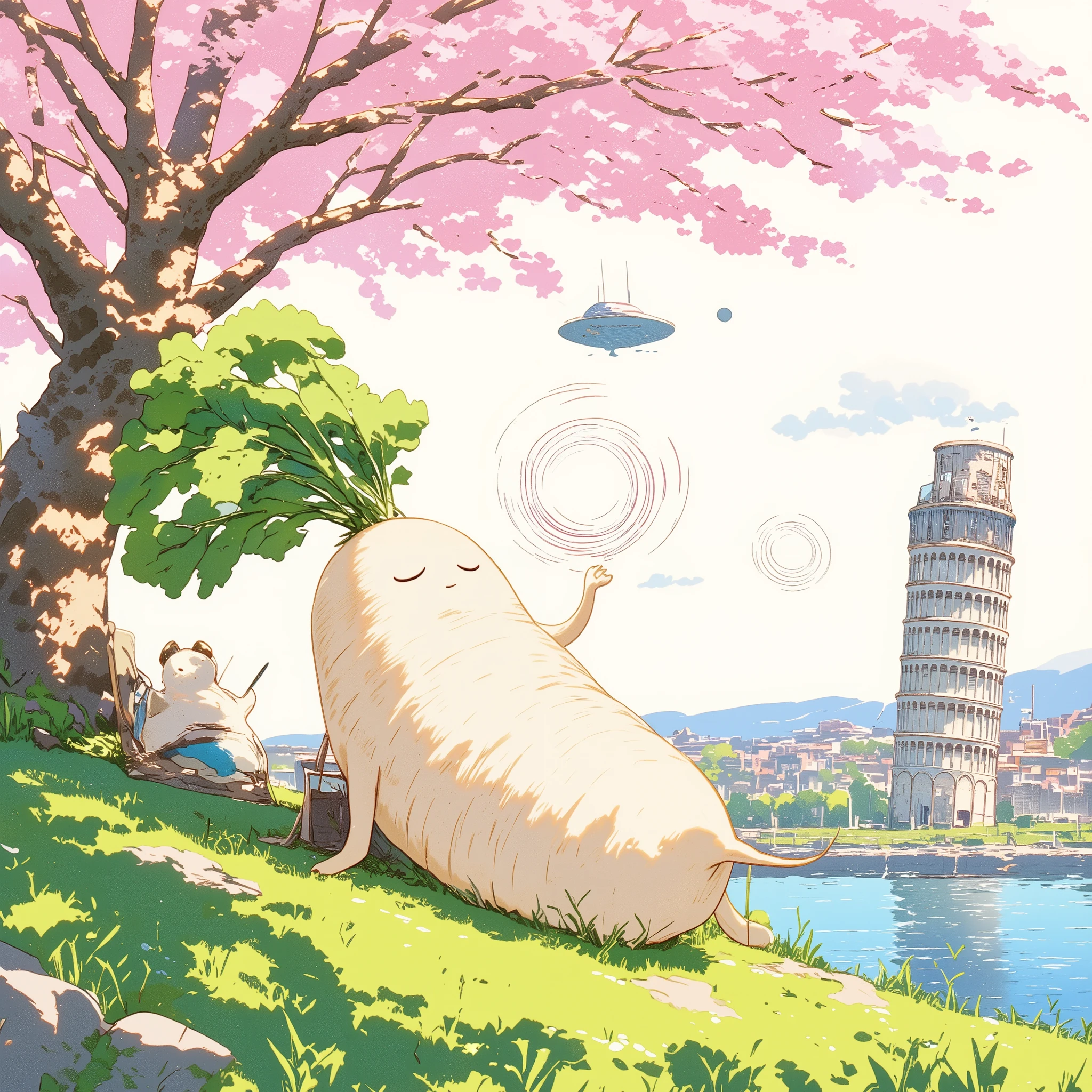 There is a cartoon picture of a dog sitting on the grass - SeaArt AI