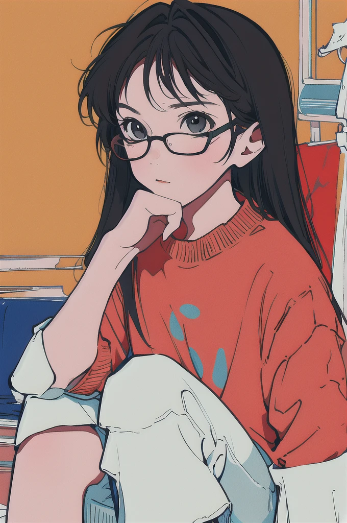 Teenage woman with long sharp eyes, wearing glasses , Sit down and look ...