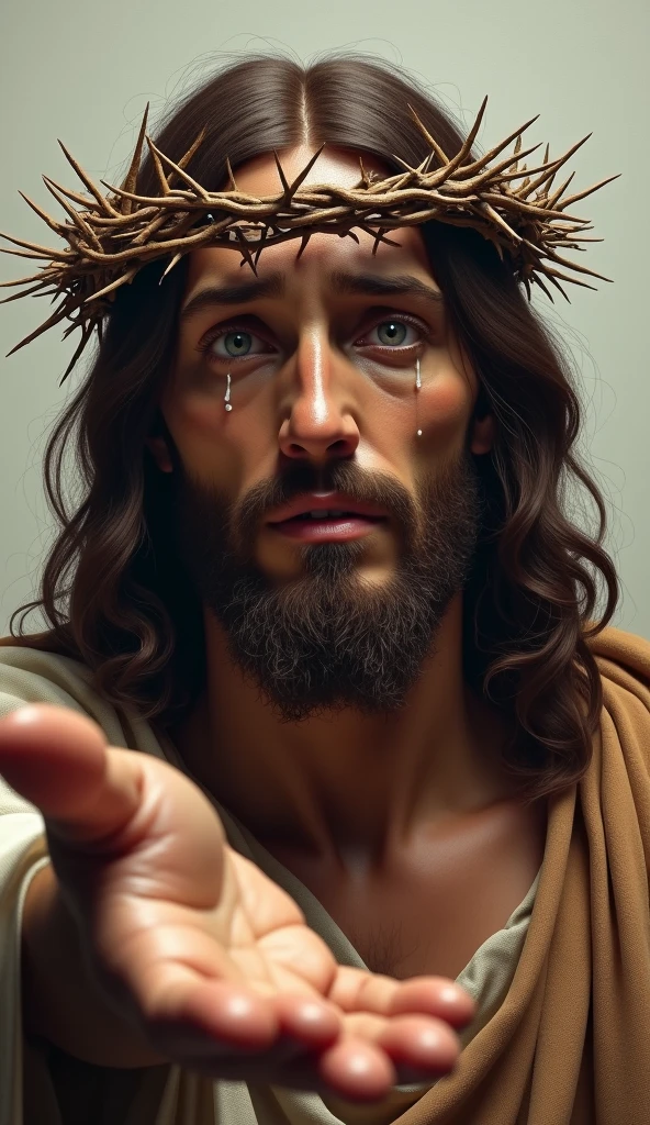 Jesus crying, tears flowing from his eyes, wearing a crown of thorns ...