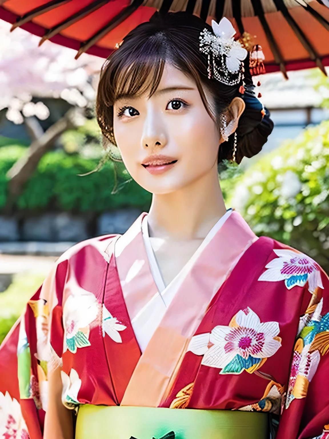 Araffe woman in a kimono with a red umbrella - SeaArt AI