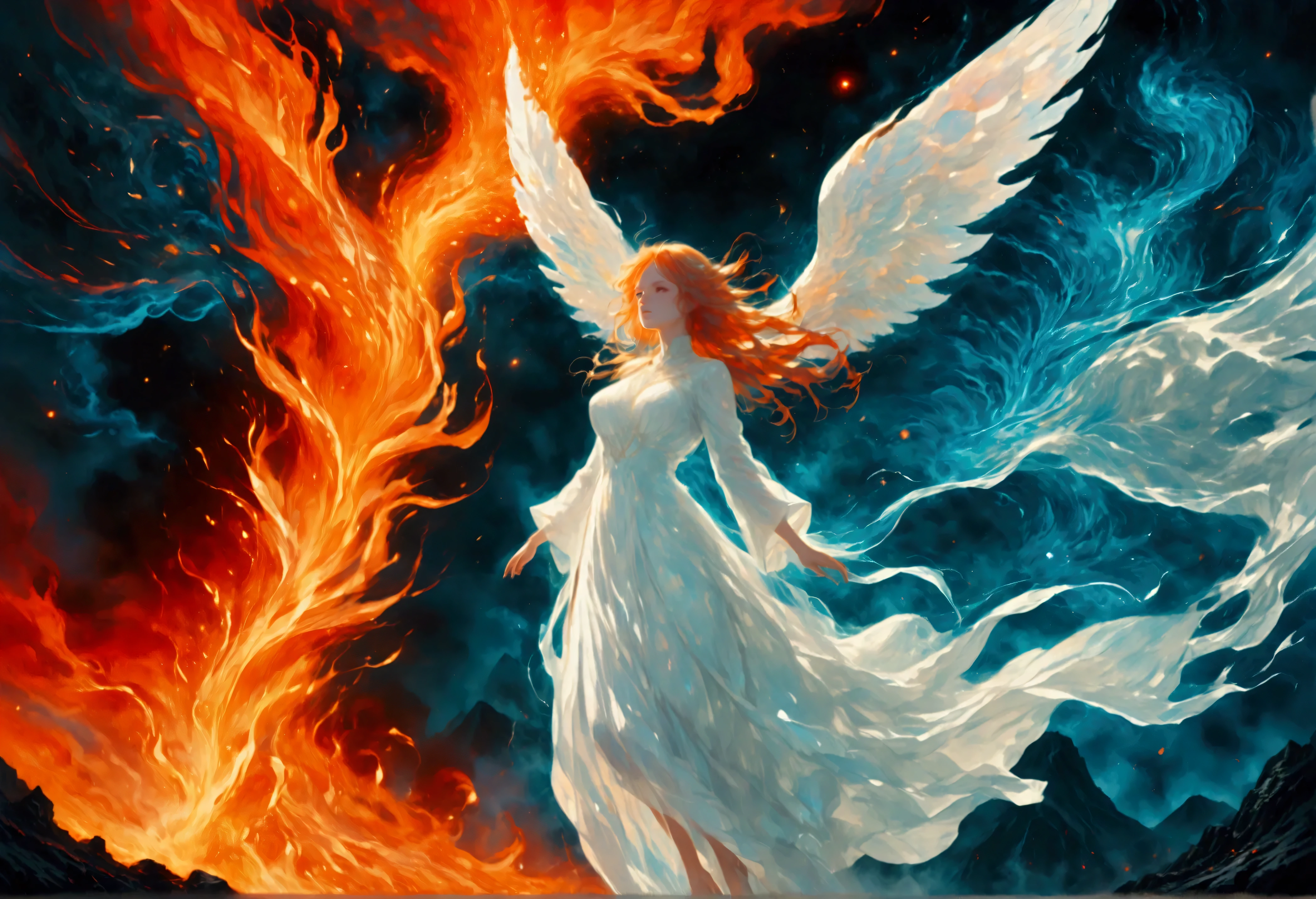 Painting of a woman in a white dress with a white angel wings - SeaArt AI