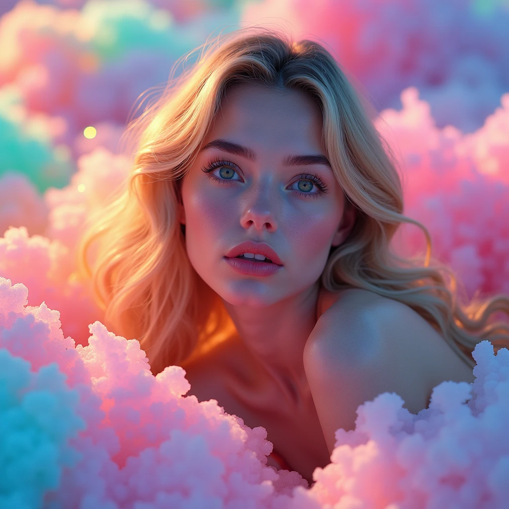 A beautiful girl in a surreal rainbow foam landscape, 1woman - SeaArt AI