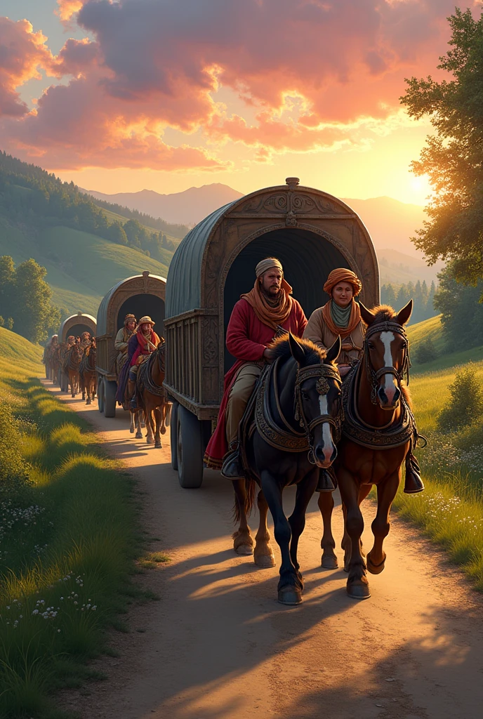 At dawn, on a country road, gypsy families hit the road with their ...
