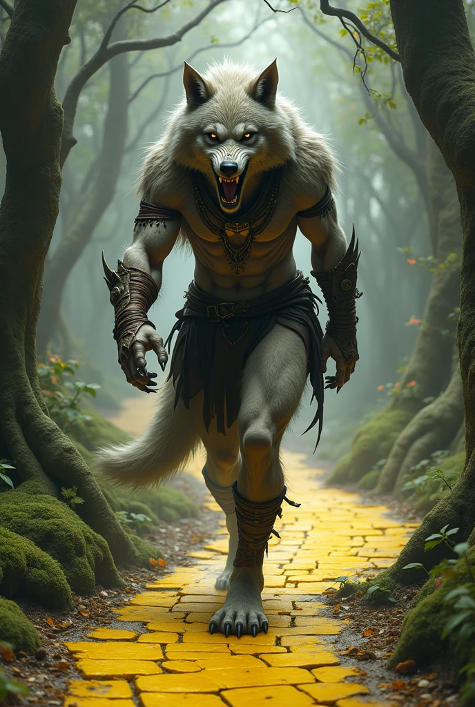 Create a female warrior werewolf on a yellow brick road - SeaArt AI