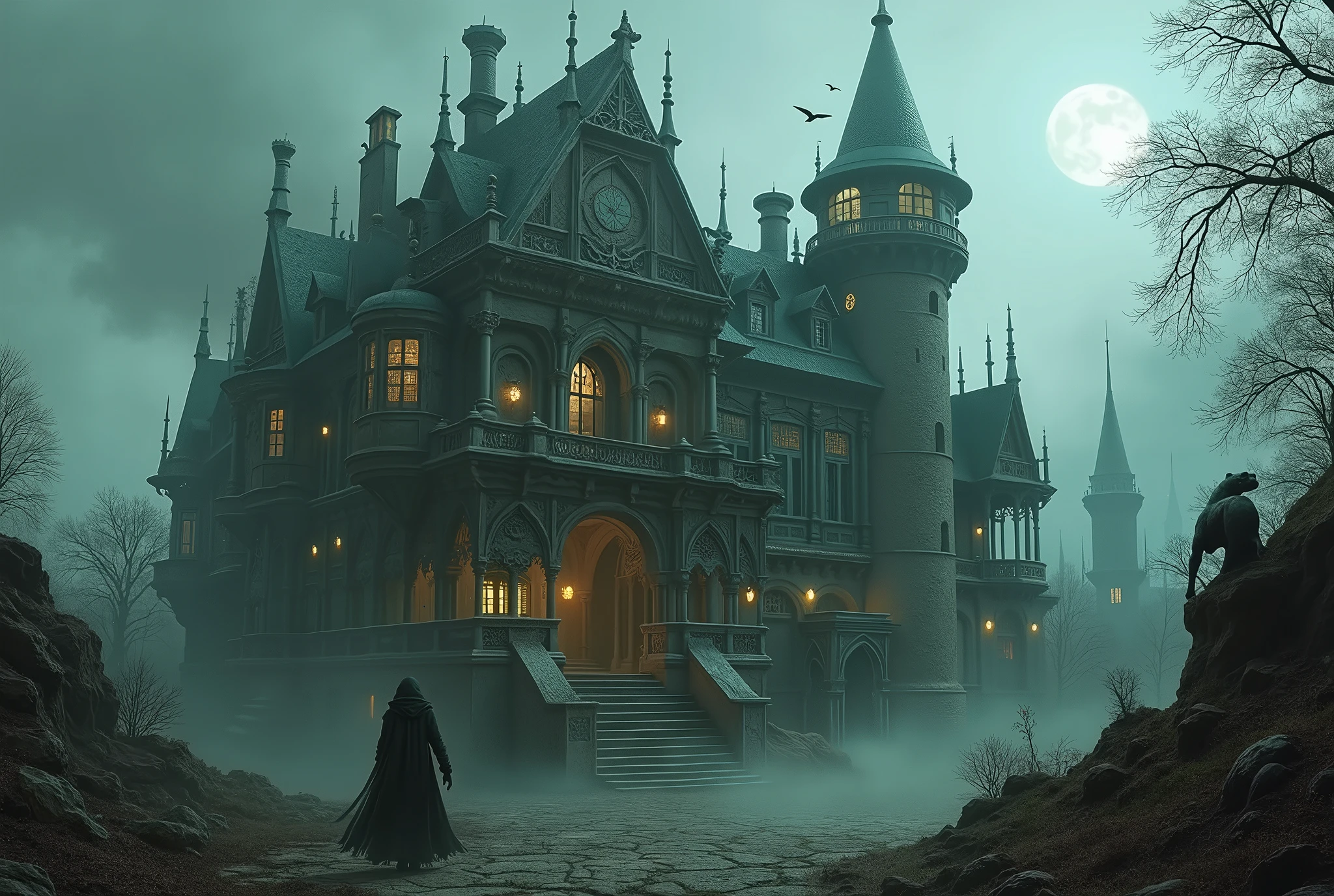 Arafed castle with a dark tower and a man in a cloak - SeaArt AI