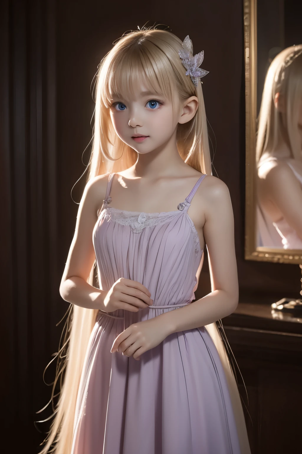 Blonde haired girl in a pink dress standing in front of a mirror - SeaArt AI