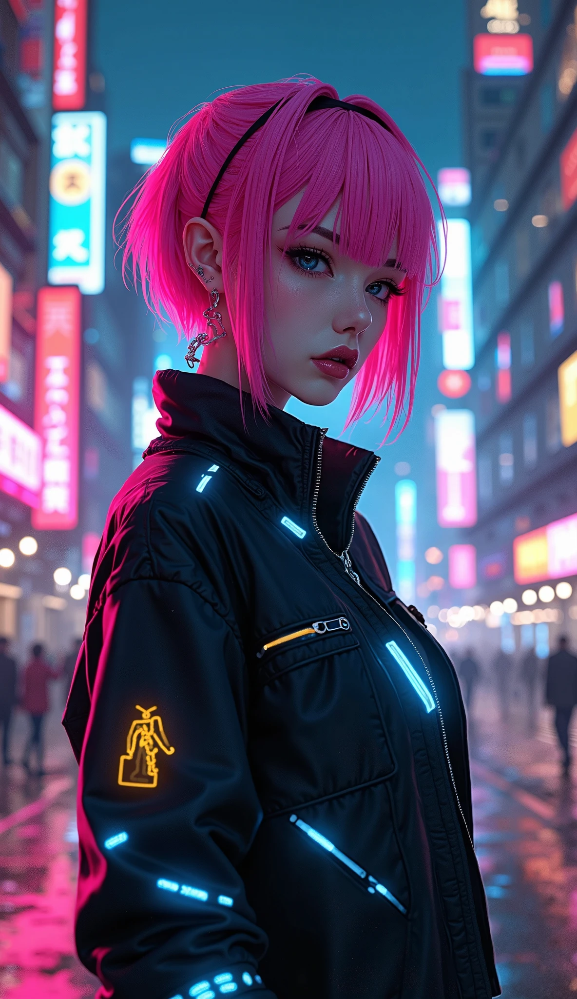 Cyber girl with pink hair and neon lights in a city - SeaArt AI