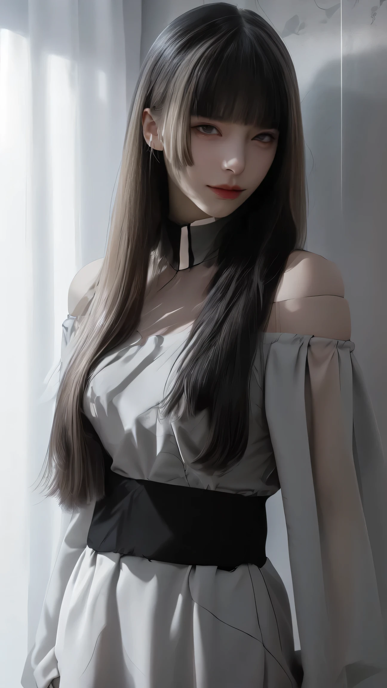 Araffe woman with long hair wearing a white dress and black belt ...