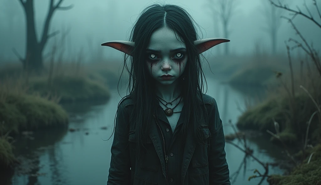 Pretty face,eyebrow up,full body length, iridiscent swampy angry fairy ...