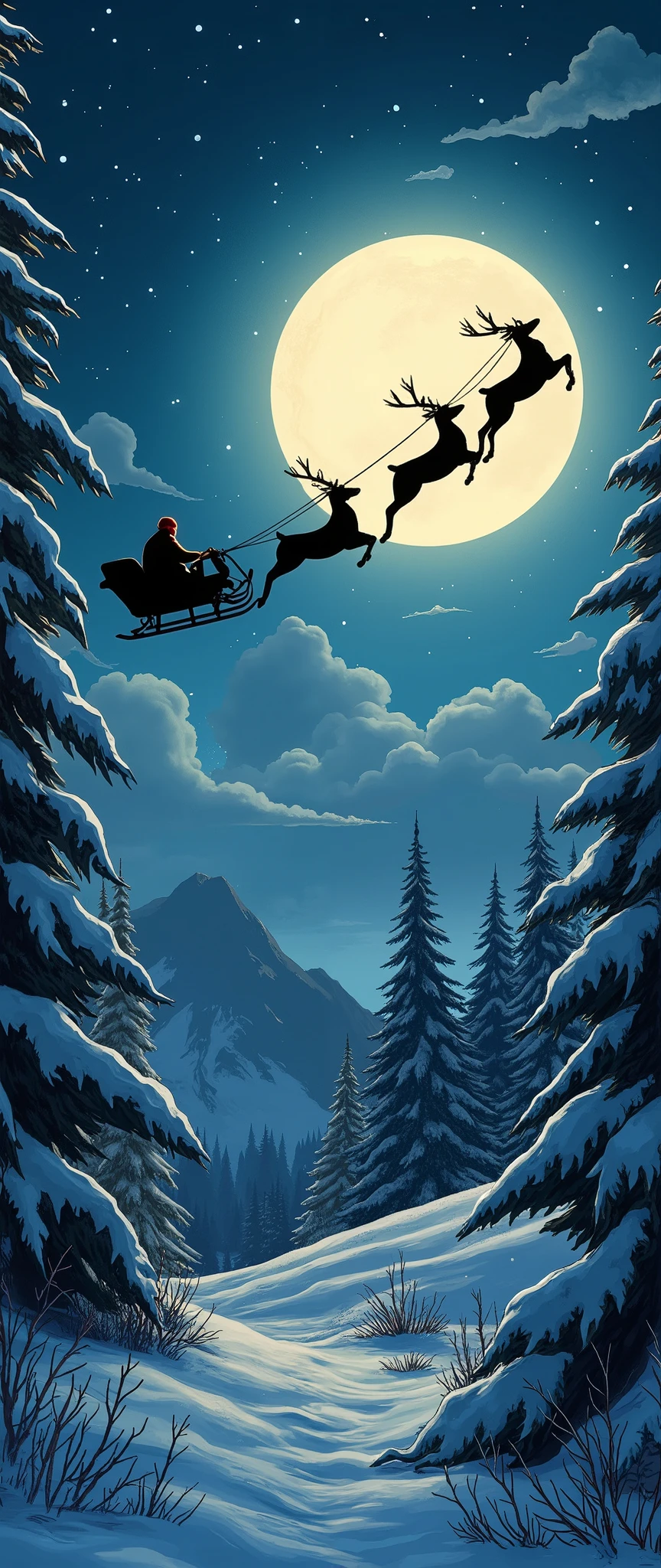There is a santa claus flying in his sleigh through the night sky ...