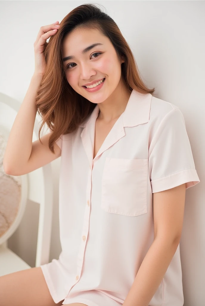 A female model wearing a short-sleeved sleepwear set that is modest and ...