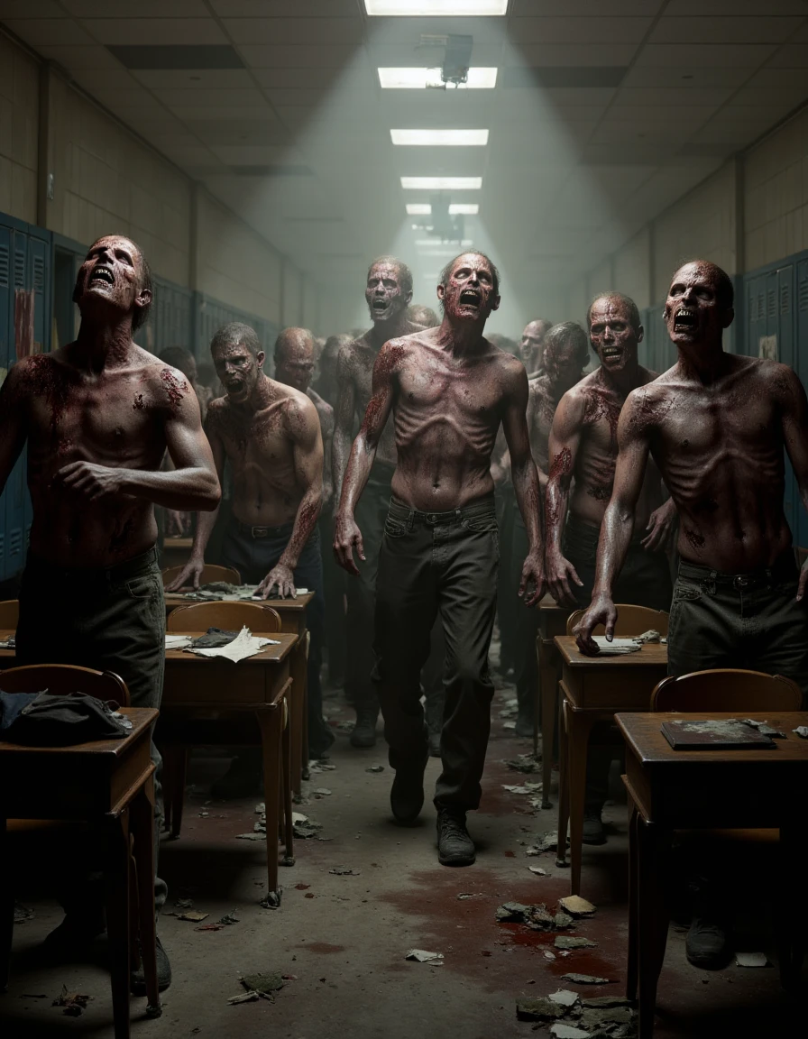 Zombies from The Walking Dead，in an abandoned school - SeaArt AI