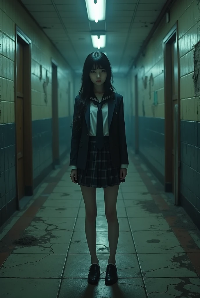 Female student in high school uniform stands in hallway of school ...