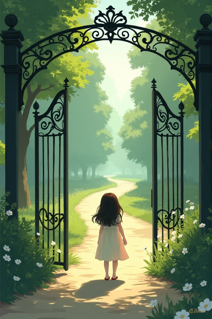 Put the same girl as before at the park gate, as if I were entering - SeaArt AI