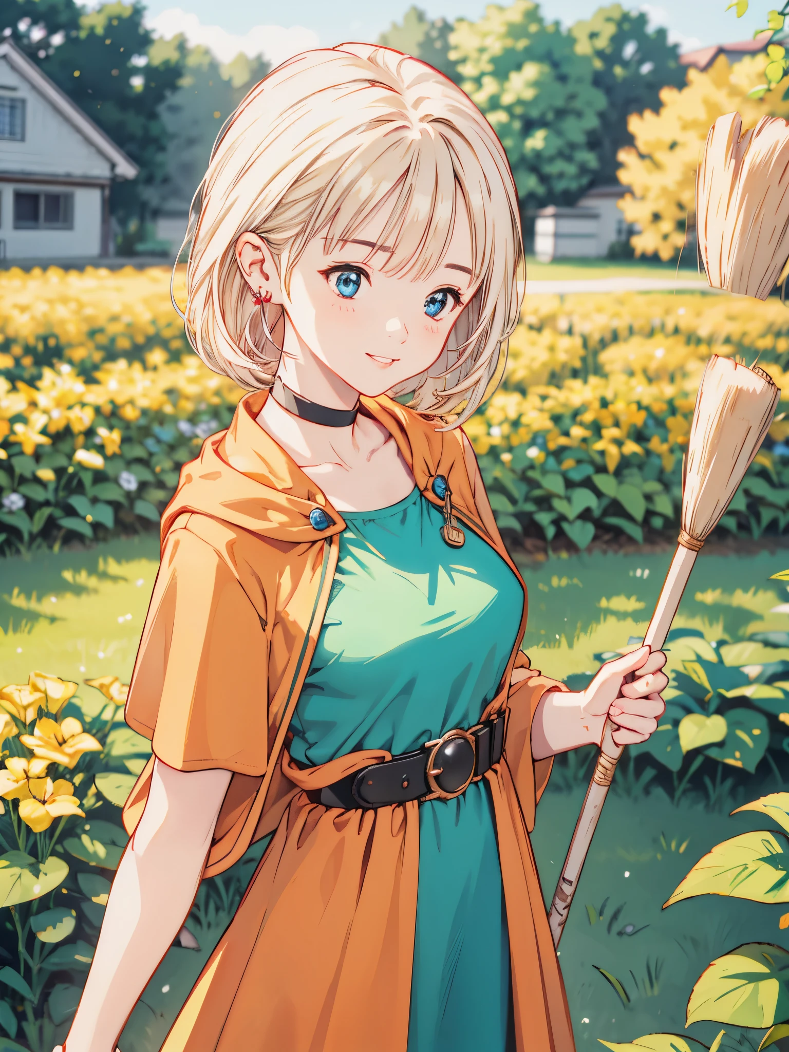 Anime girl with a broom in a field of flowers - SeaArt AI