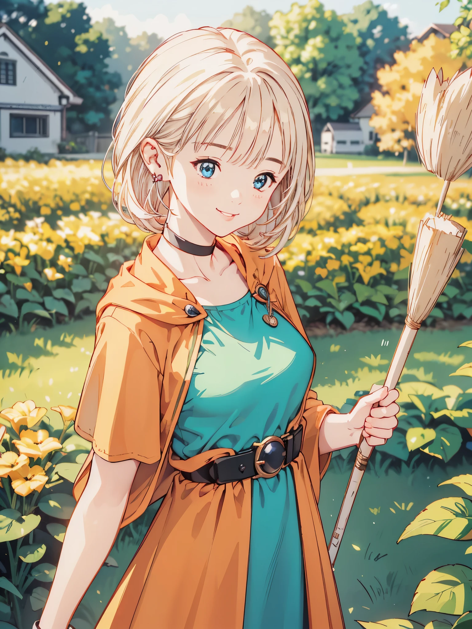 Anime girl with a broom in a field of flowers - SeaArt AI