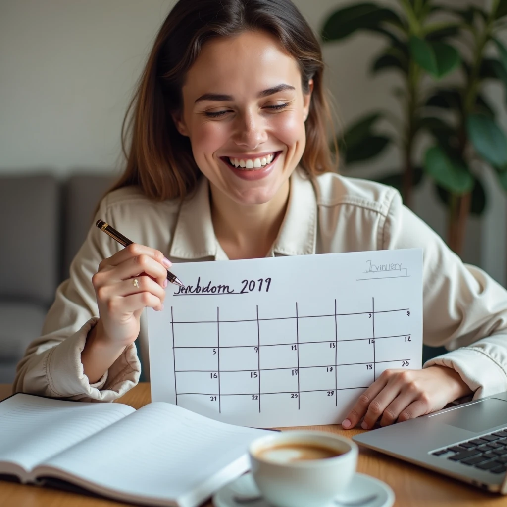 A person smiling while marking on a calendar or diary, with a pen or ...