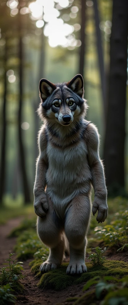 A teenage werewolf cub alone in the forest looking at the camera and ...