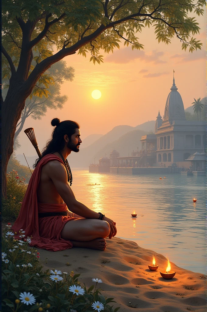 "A serene depiction of Arjuna from the Mahabharata sitting peacefully ...