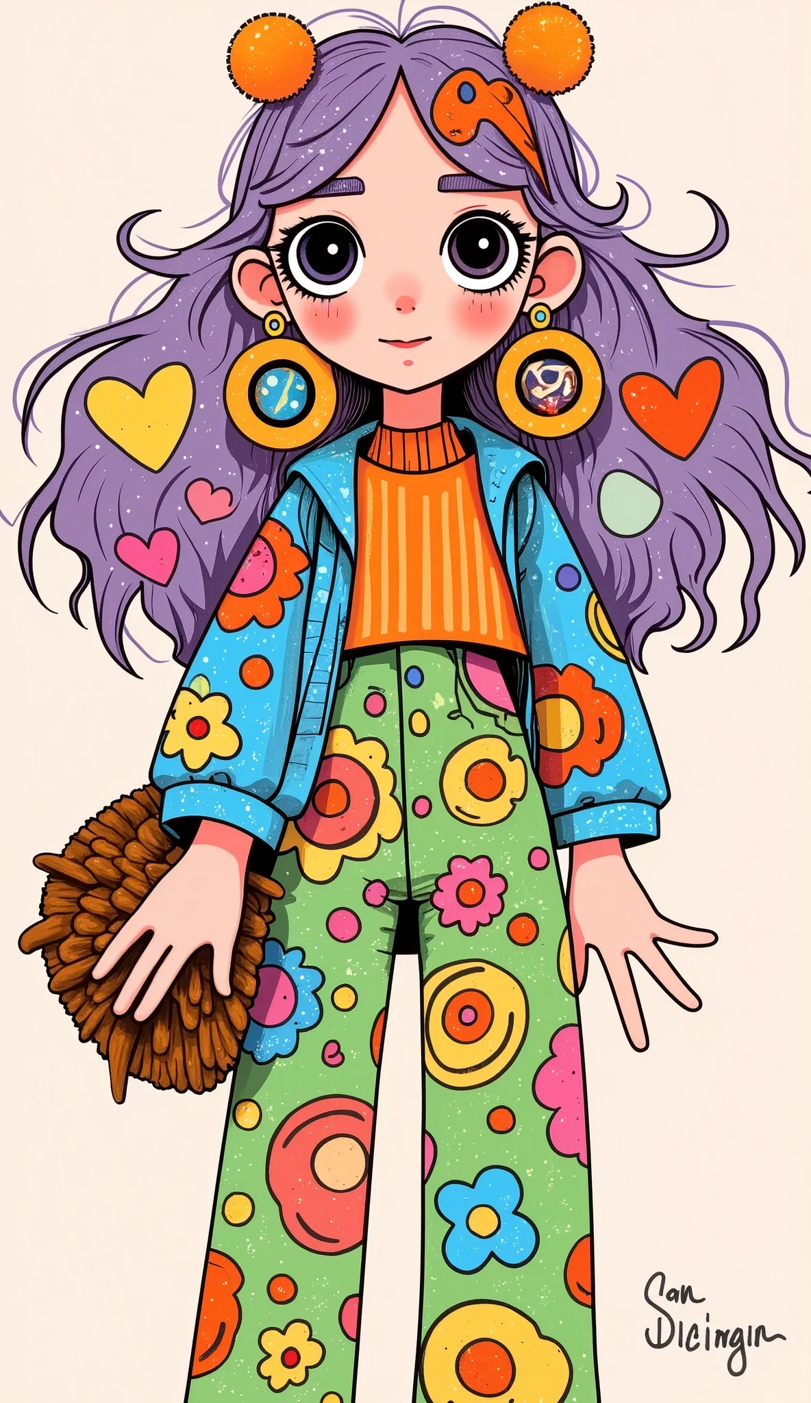 Cartoon girl with purple hair and colorful pants holding a brown teddy ...