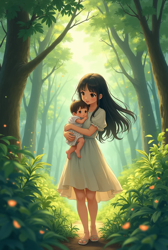 Anime girl carrying her baby girl in the forest - SeaArt AI