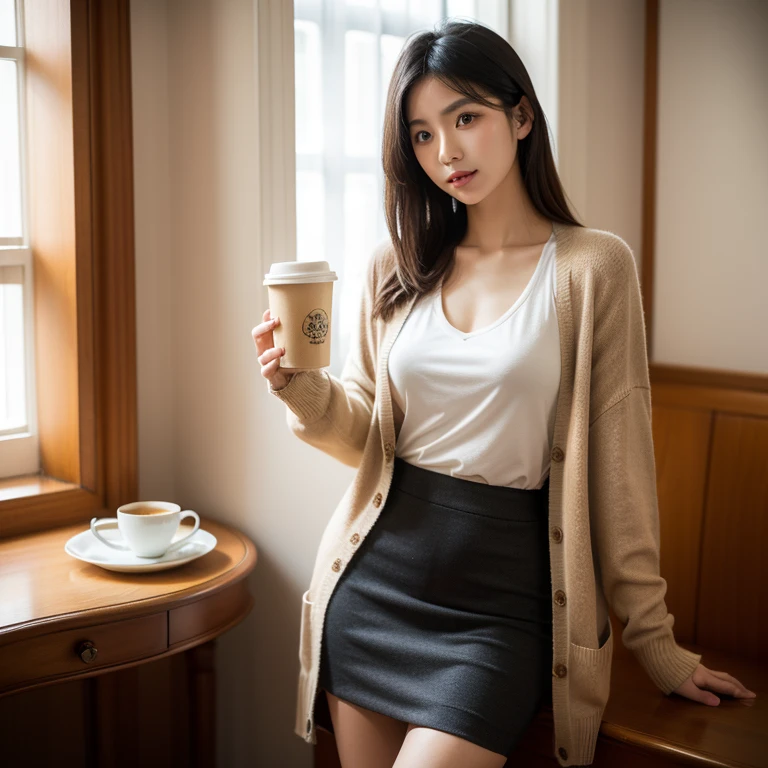 A beautiful Asian woman in a cardigan and skirt. She stands sideways to the view - SeaArt AI