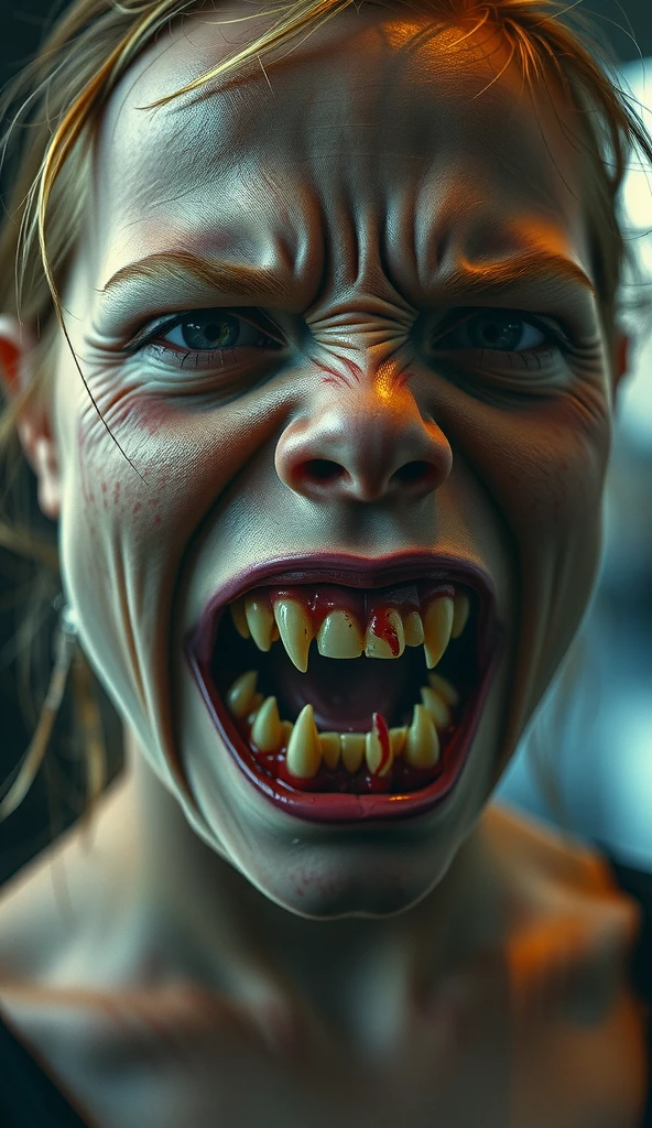 This portrait shows a close-up, Focus on a horrible young girl - SeaArt AI