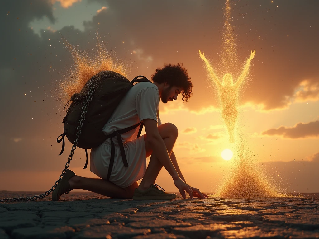 A person weighed down by heavy chains and a backpack Massive that ...