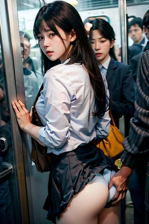 Girl gets her butt grabbed on the train, (Molester), 電車の中で女の子のGrab your ass男 - SeaArt AI