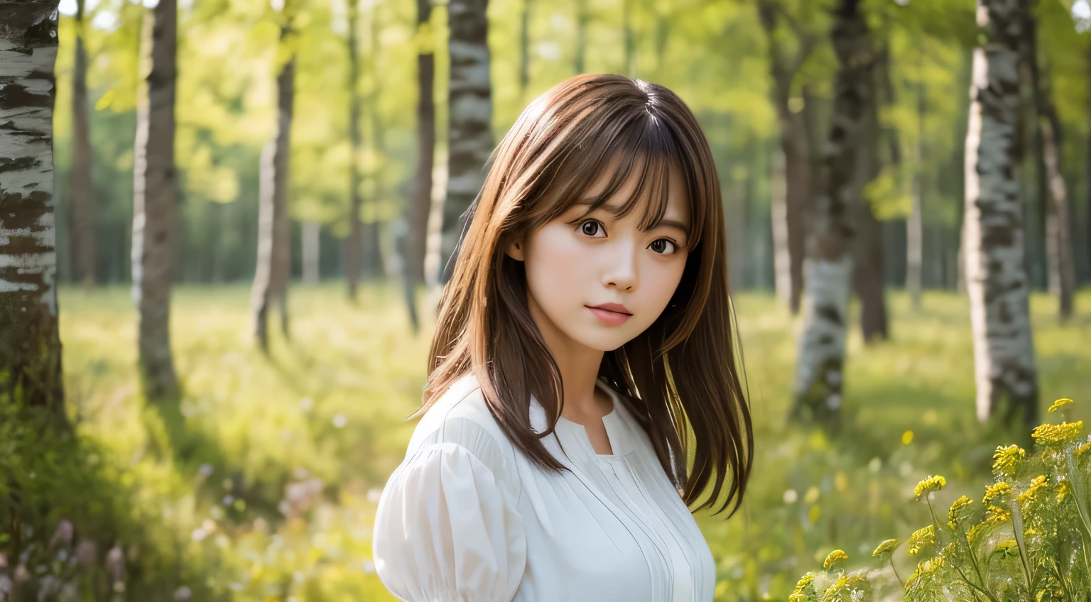 There is a woman standing in a forest with a white shirt - SeaArt AI