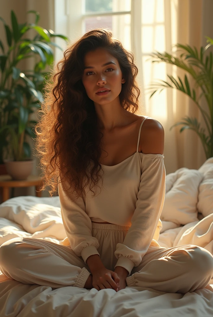 (photorealism:1.2), beautiful woman, sitting on bed, wearing loose off ...
