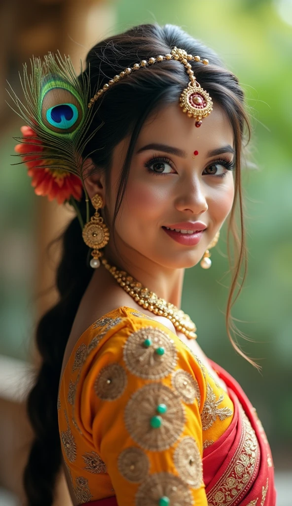 Radha rani cute round face and natural look. Peacock feather on a side ...