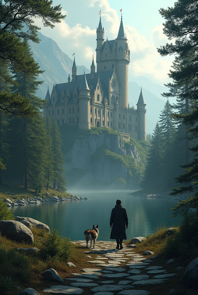 Generate a realistic photo of an immense medieval castle In the middle ...