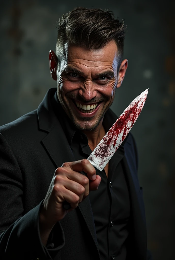 Man with a cheeky smile and a bloody knife - SeaArt AI