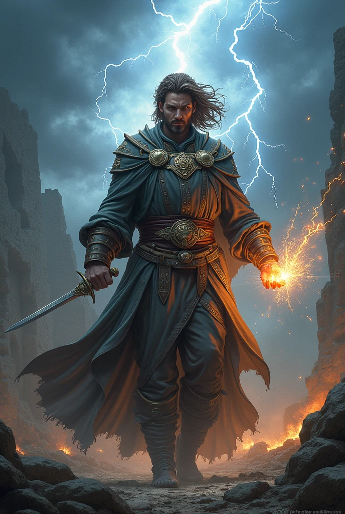 Medieval fantasy, battle mage, lightning magic, brown hair, mighty ...