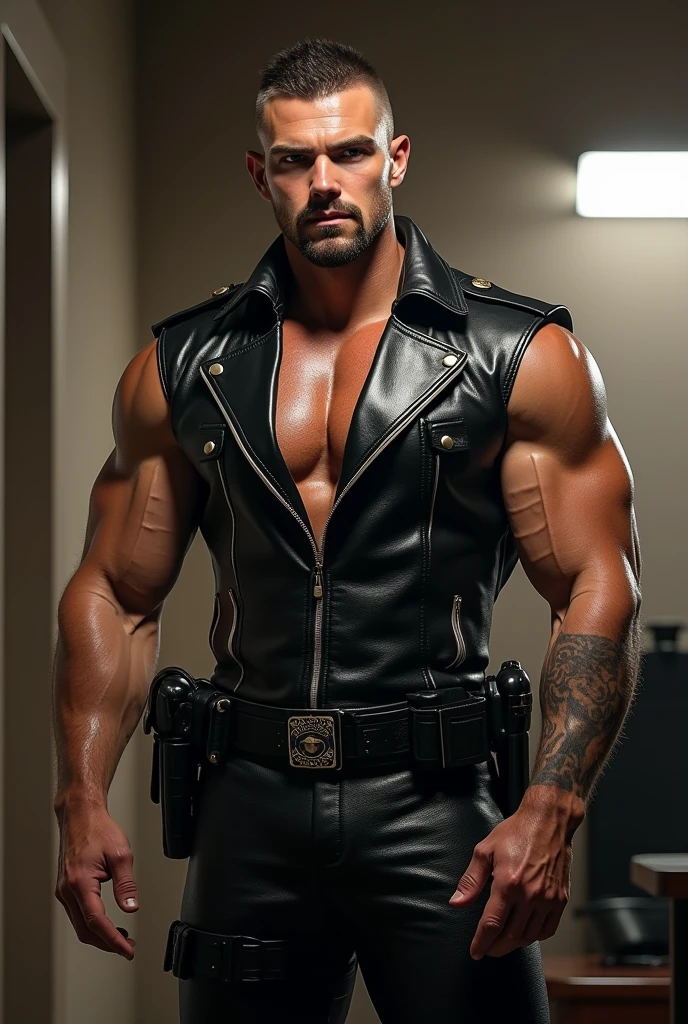 Muscular beefy police officer midwest big muscles tight clothes leather ...